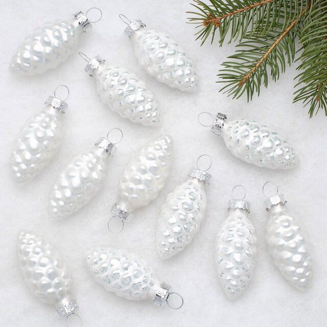 Набор стеклянных елочных игрушек Шишки 6 см белый mix, 12 шт, Winter Deco, 1001377