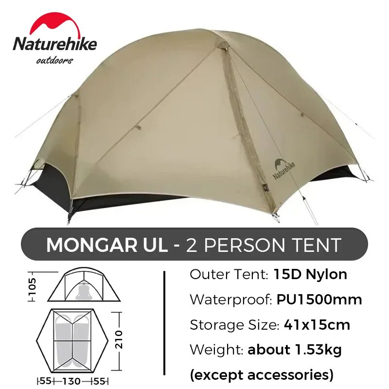 Палатка Naturehike Mongar для 2 человек ультралегкая для кемпинга, откры-air, путешествий, двойной слой, водонепроницаемая, 3 сезона, портативная-2P-15D UL-Браун