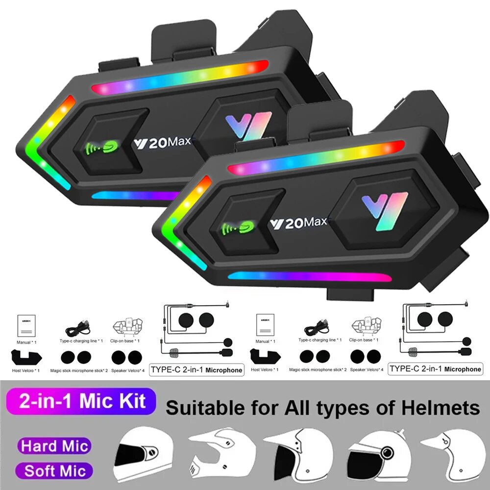 Bluetooth-гарнитура Y20 MAX для мотошлема, 2 шт, IPX6, Цвет: 2