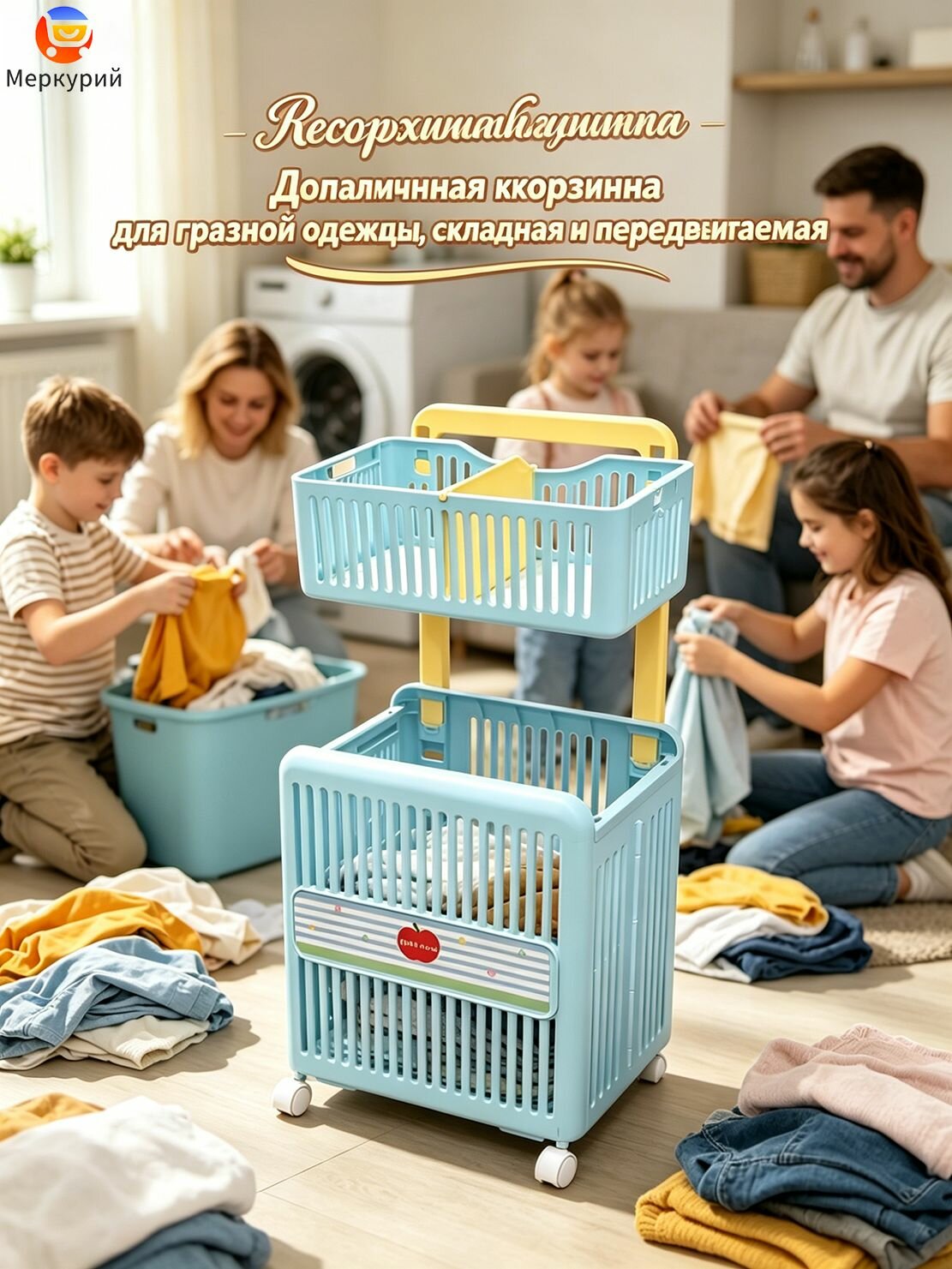 Многоразовая складная корзина для белья с колесиками 2 отделения