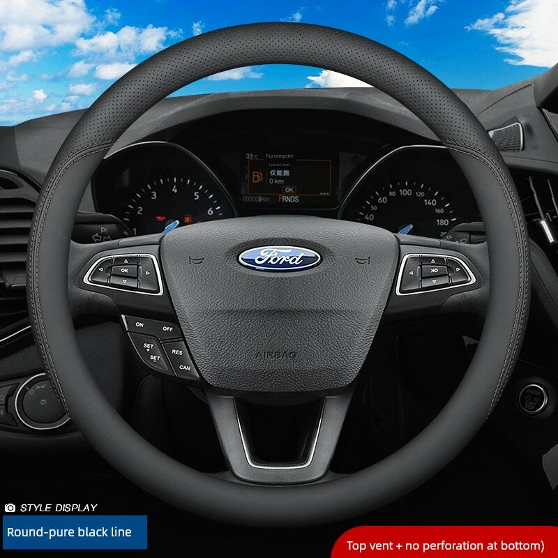 Кожаная накладка на рулевое колесо для Ford без логотипа, круглая форма, черная строчка, вентиляционные отверстия
