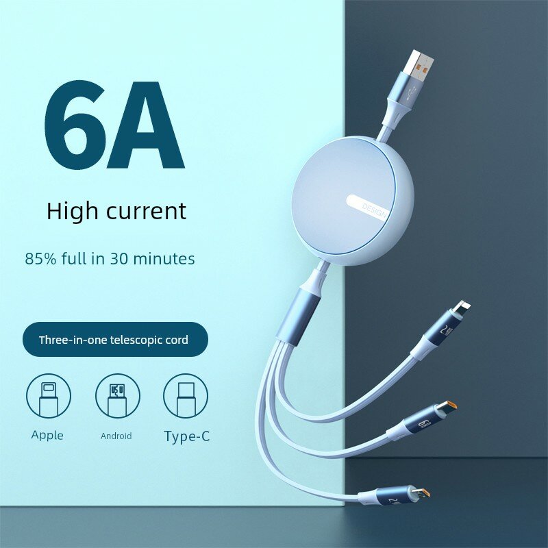 Матовый синий 1,2 м телескопический кабель USB-C с 3 в 1 быстрой зарядкой для iPhone, Samsung, Huawei, Xiaomi
