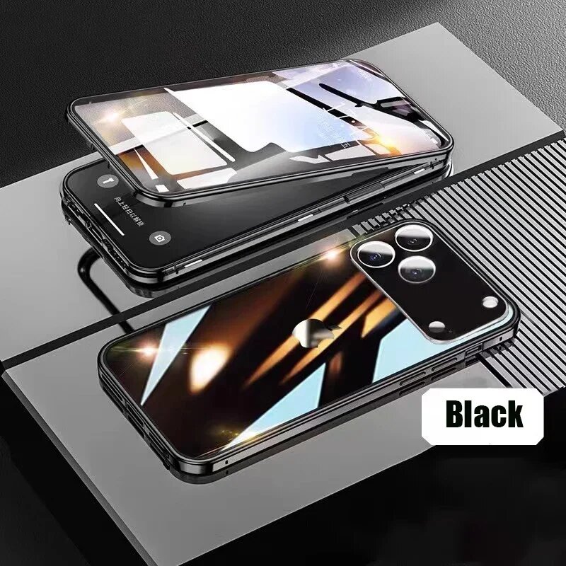 Металлический магнитный чехол для телефона с полной защитой 360 для iPhone 17 Pro Max 17 Air 16 15 14 13, двухсторонний стеклянный чехол-бампер с защелкой и замком