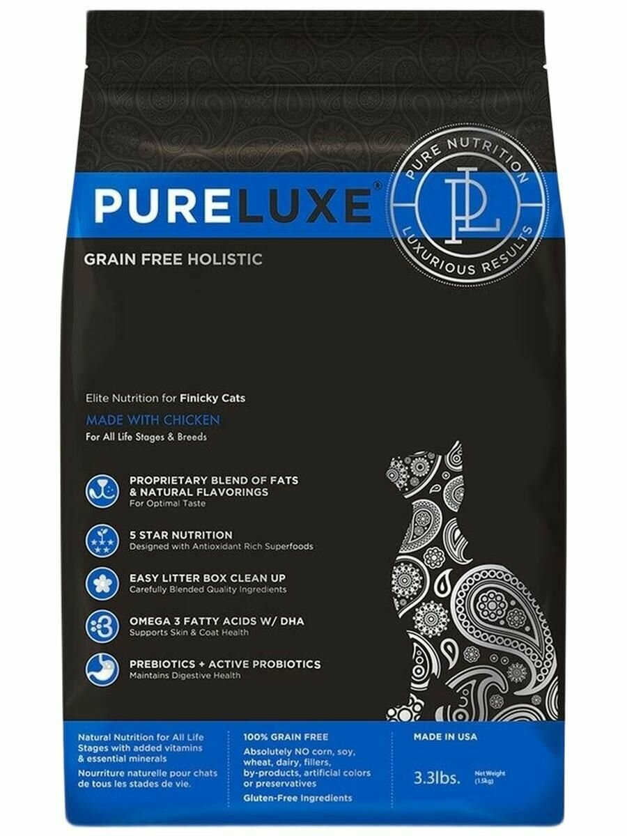 Сухой беззерновой корм PureLuxe Пурлюкс для привередливых кошек с курицей 1,5 кг