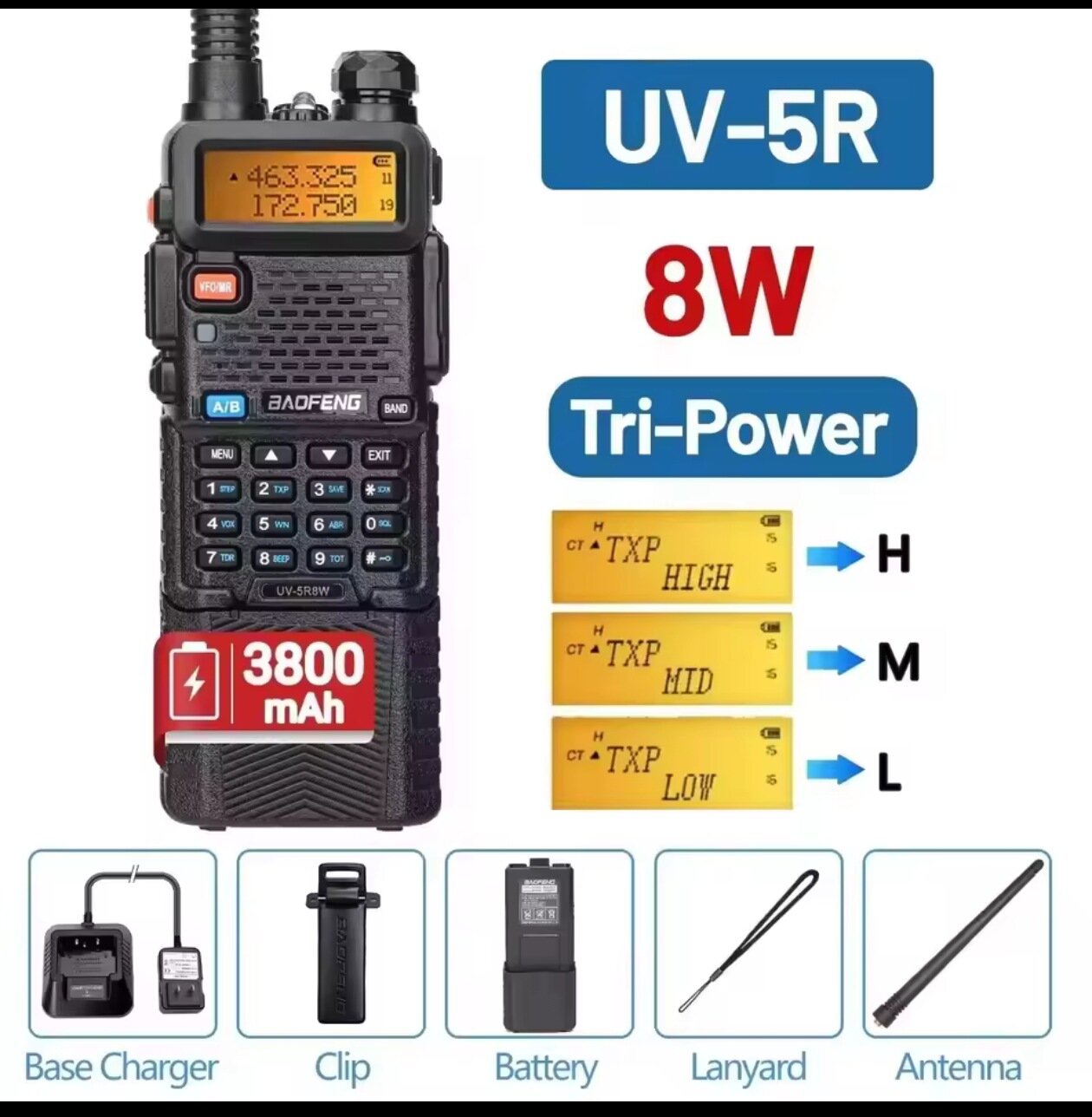 Радиостанция Baofeng UV-5R портативная 8 Вт, двухдиапазонная, с LCD дисплеем и аккумулятором 2800 мАч, дальность связи до 10 км