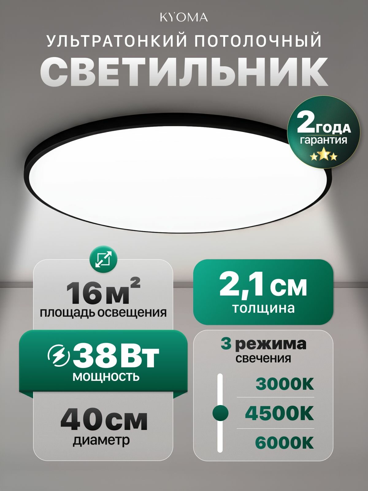 Люстра потолочная светодиодная, лампа потолочная в ванную, светильник на кухню 38Вт, 40см, черный