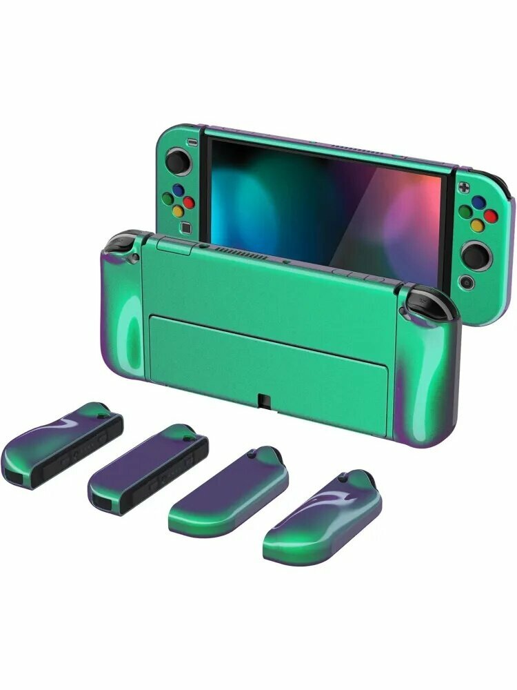 PlayVital AlterGrips Premium Ergonomic Grip чехол для Nintendo Switch OLED Chameleon Green Blue Purple, силиконовый защитный чехол для Joy-Con, съемный жесткий корпус, защита стиков и кнопок