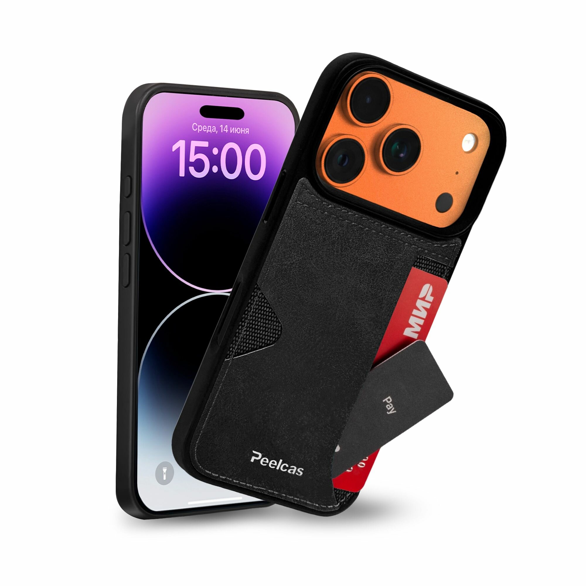 Чехол с карманом для карт на iPhone 17 PRO c защитой камеры / чехол с картой кожаный для Айфон 17 Про с картхолдером / противоударный/цветной
