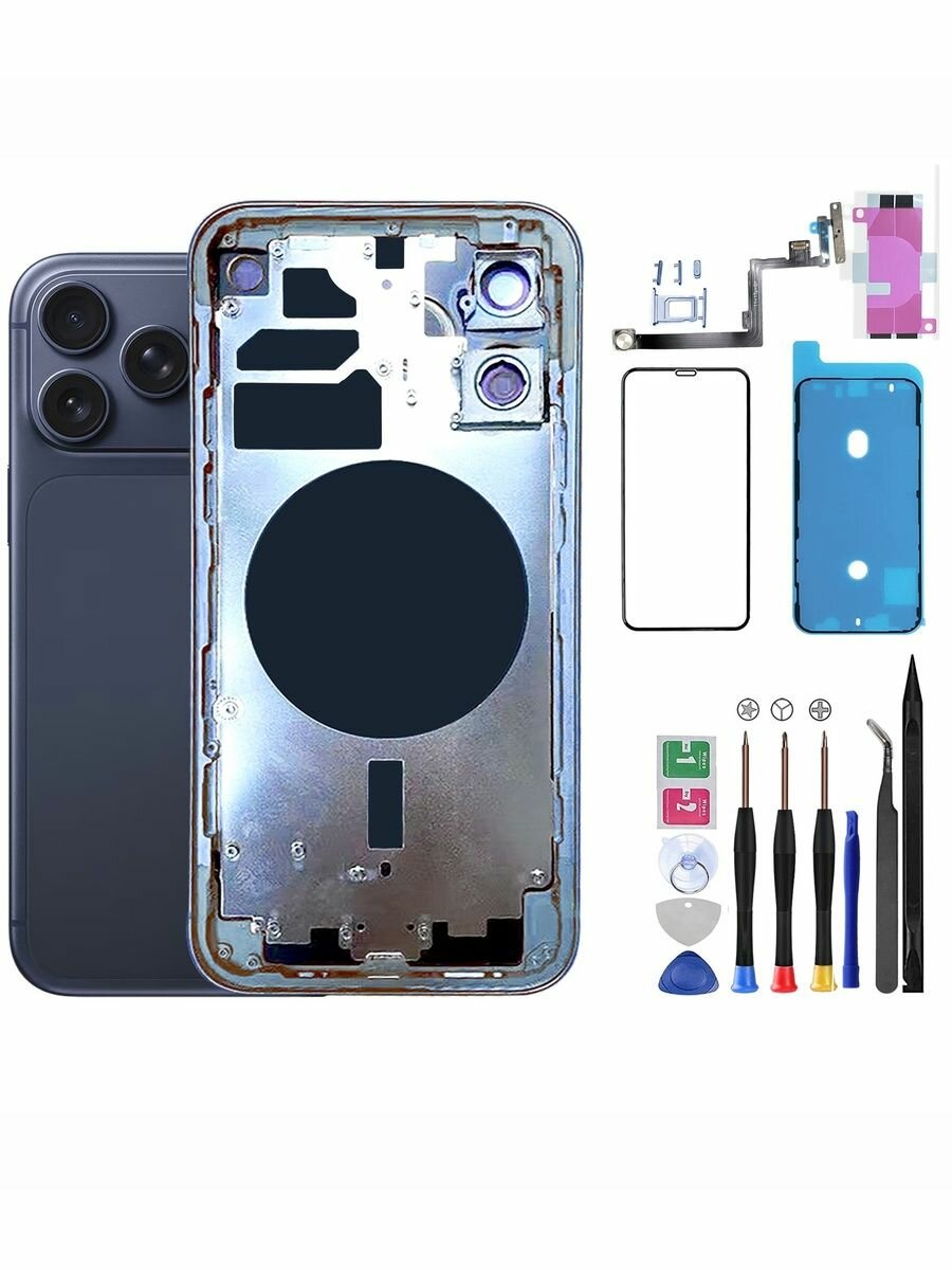 DIY комплект задней крышки, совместим с iPhone 12 до 17 Pro, для самостоятельной замены с инструментами-синий