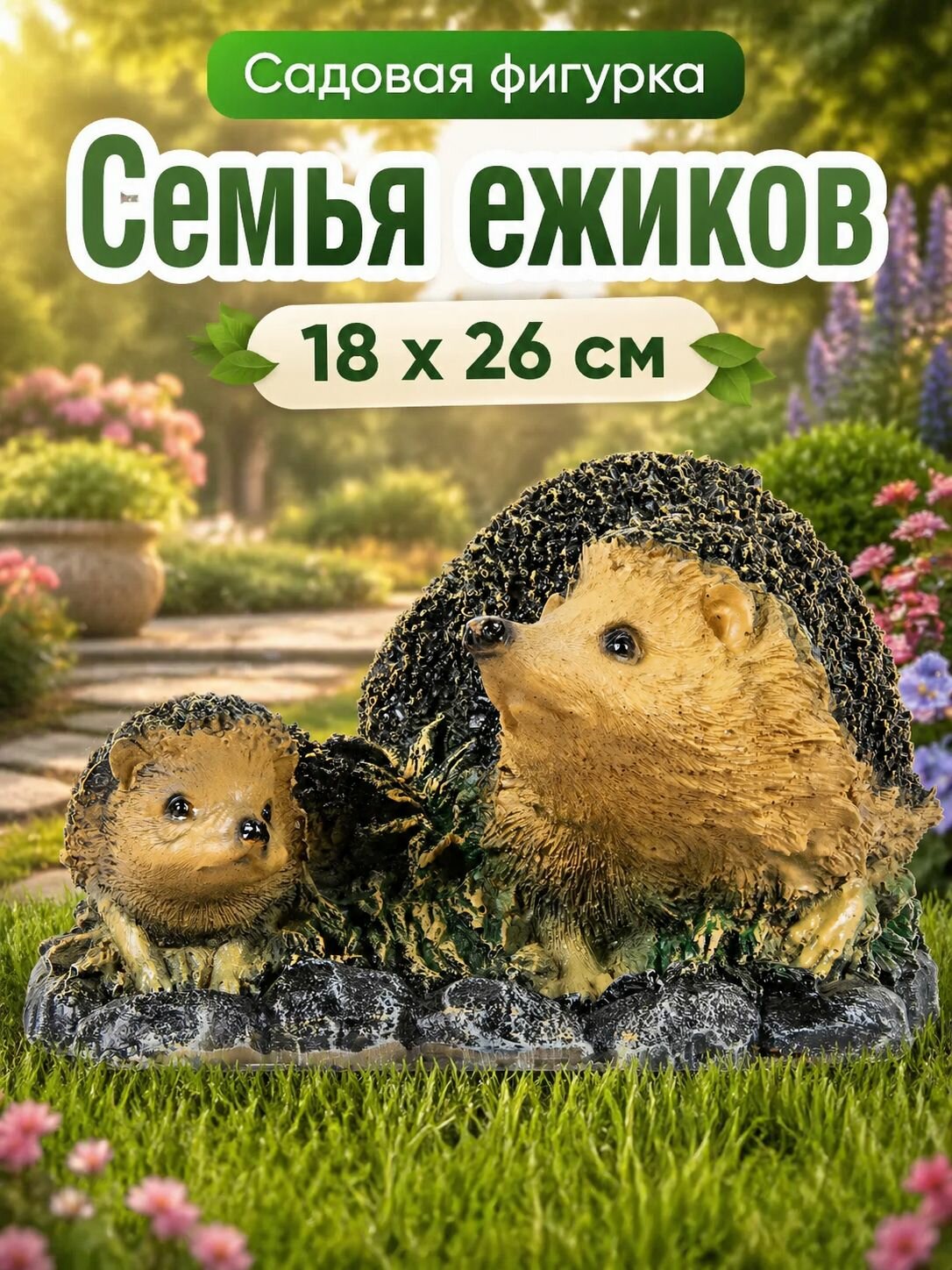Садовая фигура Семья ежиков , фигурка декор из полистоун, 26 х 18 см