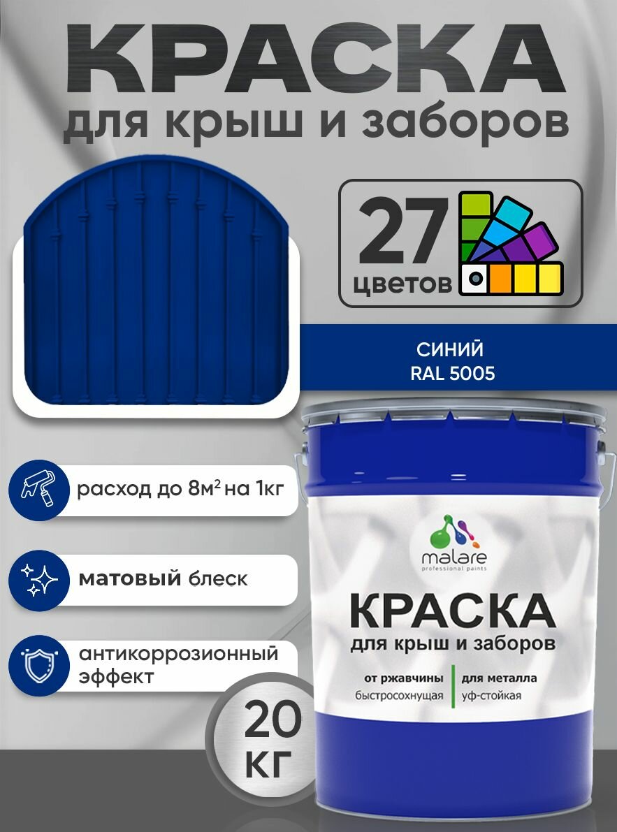 Краска по металлу Malare для крыш и заборов по ржавчине, для наружных работ, быстросохнущая износостойкая RAL 5005 синий, матовая, 20 кг