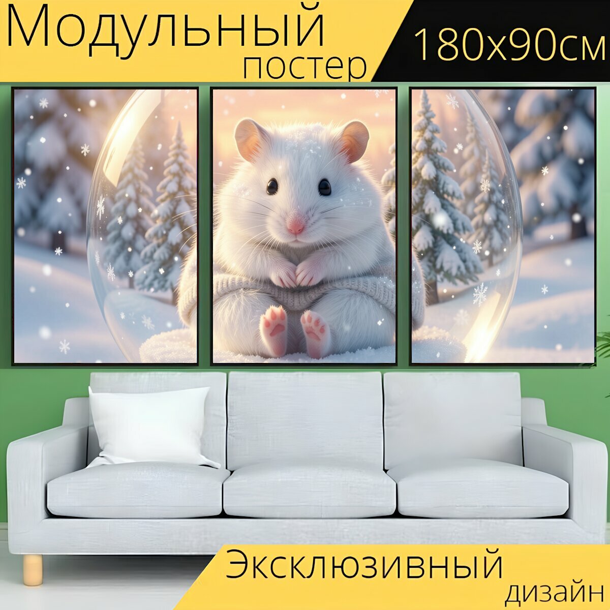 Модульный постер "Белый хомяк в зимней сфере. Милый пушистый зверёк в тёплом свитере сидит среди заснеженных елей, вокруг падает снег." 180 x 90 см. для интерьера на стену в тубусе