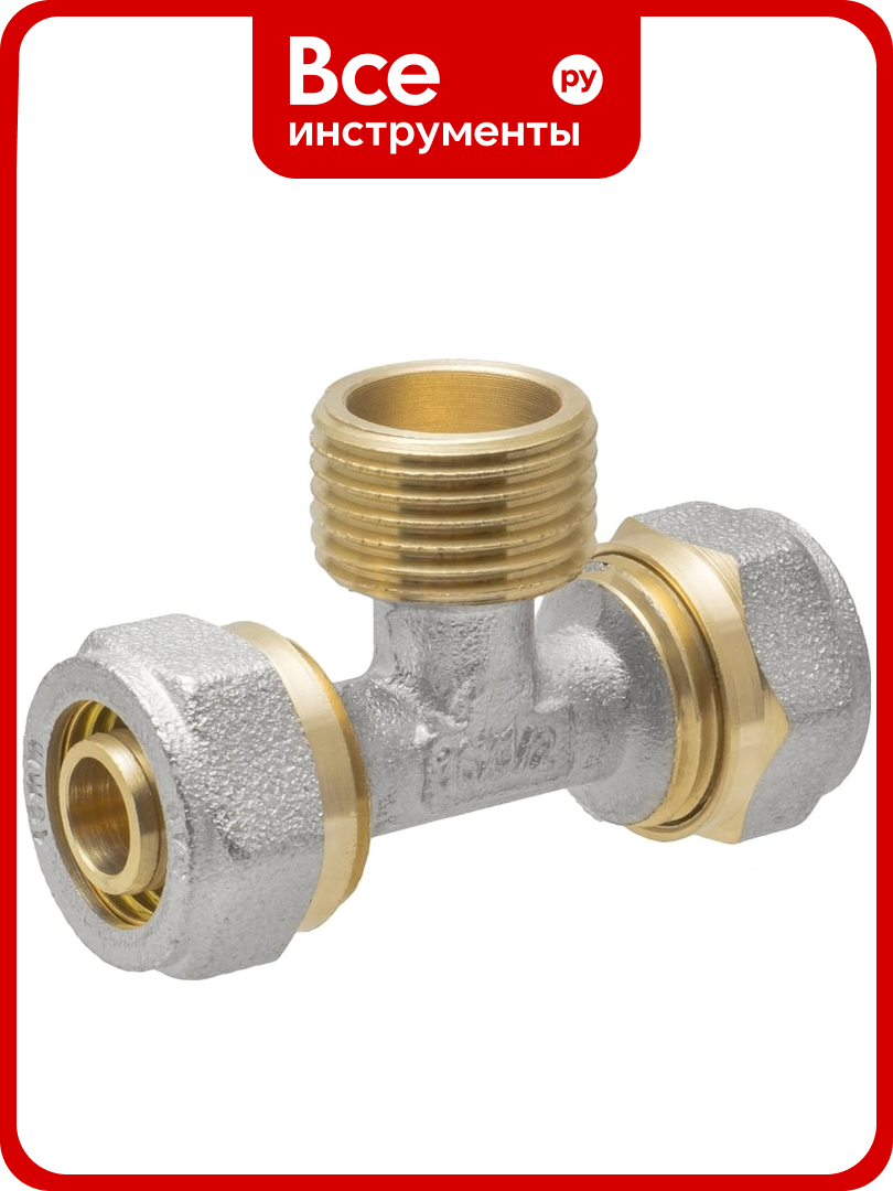 Тройник 16х1/2"х16 ц/ш/ц Rvc RC 00720, разъёмный обжимной из никелированной латуни для бытовых систем