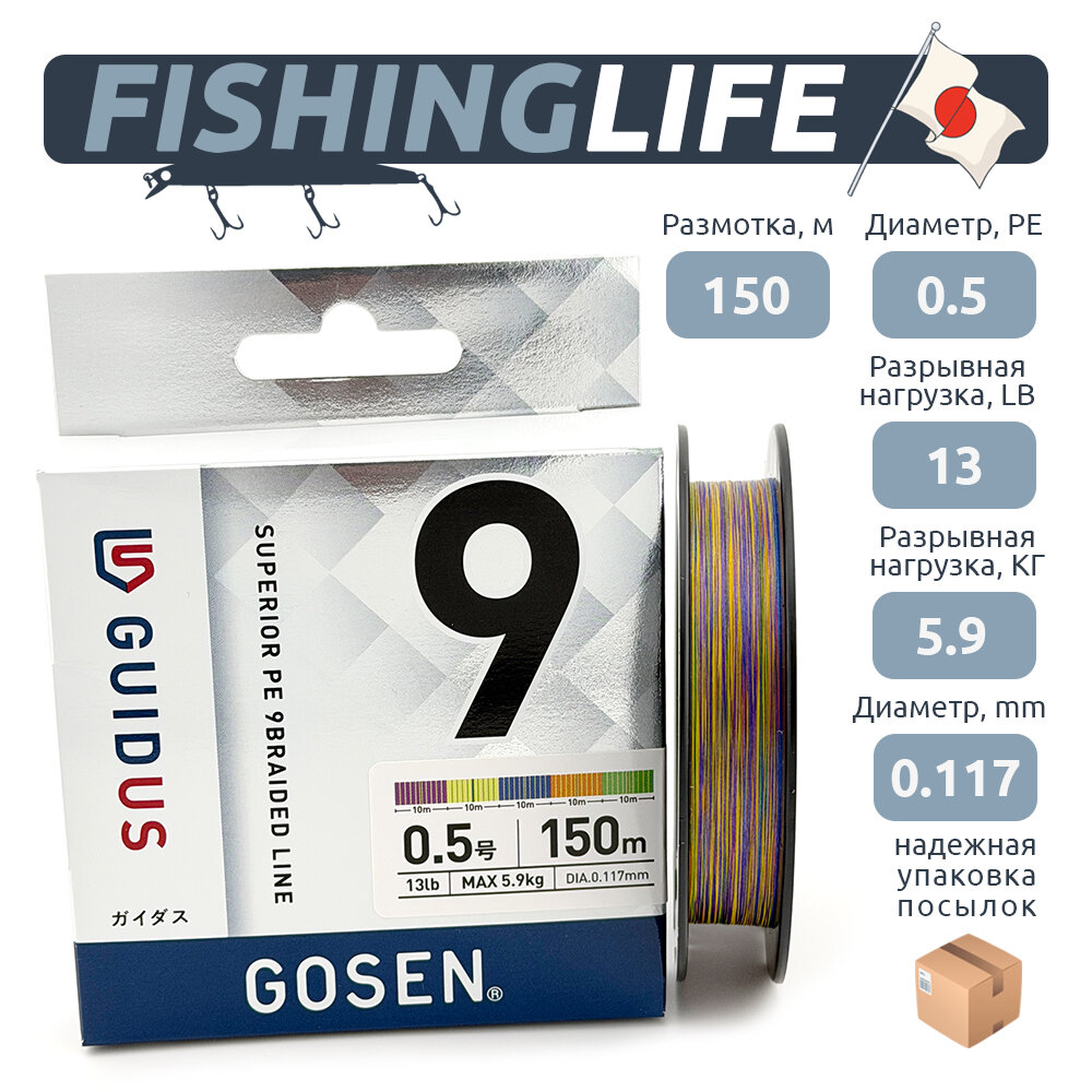 Плетеная леска (шнур) Gosen Guidus PE x9 150м мультиколор #0.5 0.117мм 13лб 5.9кг