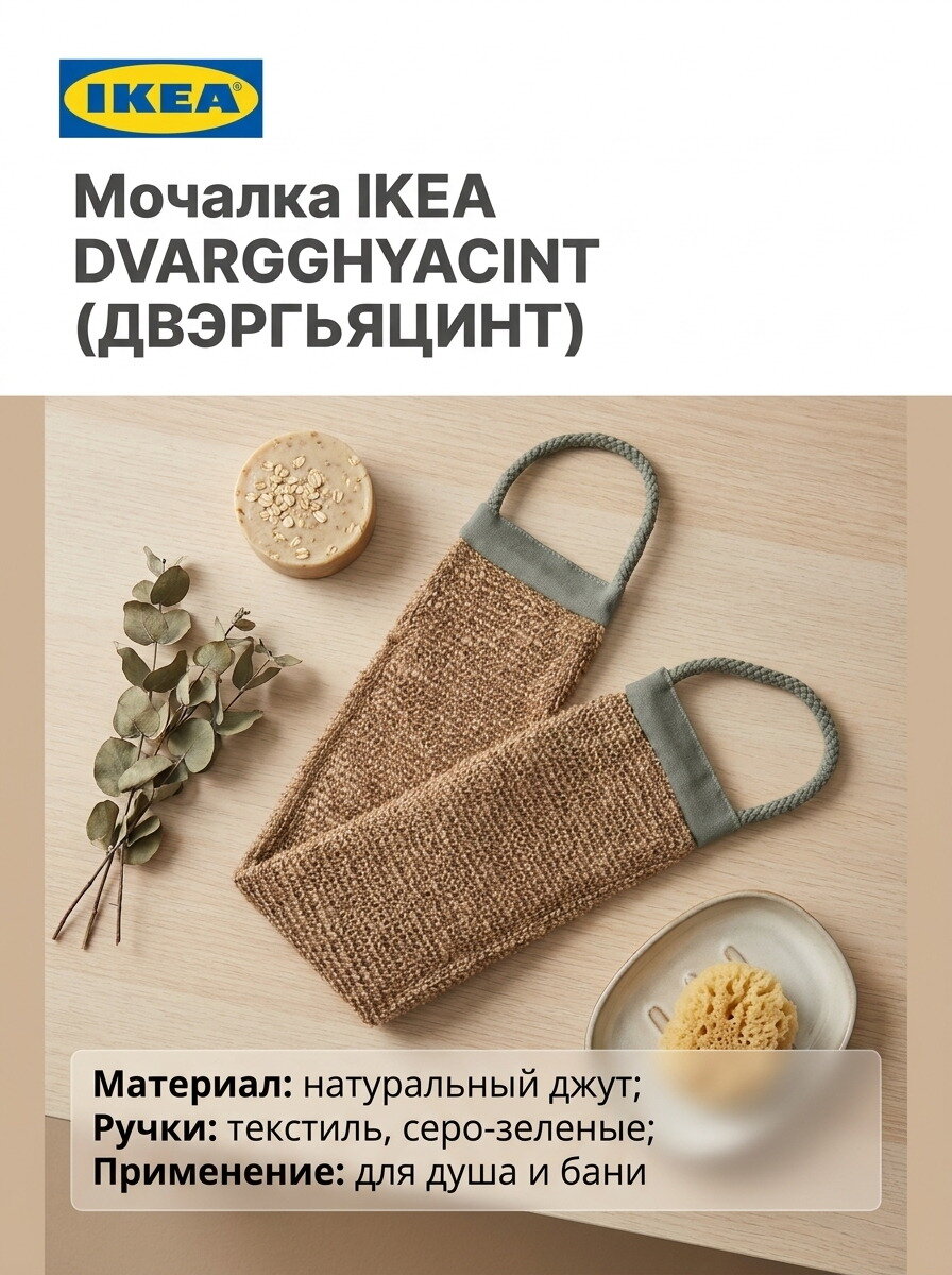 Мочалка IKEA - DVARGHYACINT (двэргьяцинт), серо-зеленые ручки, джут, 1 шт