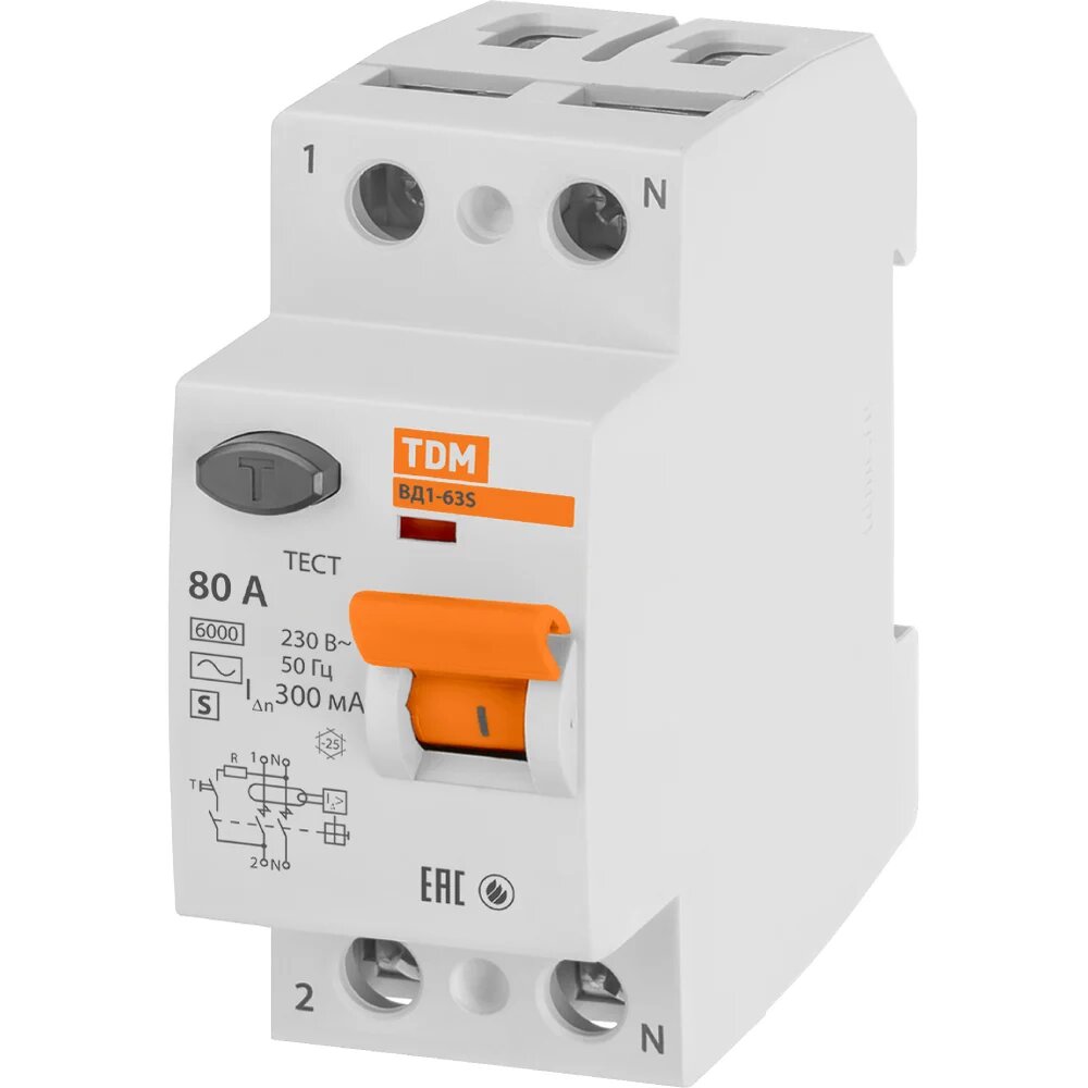 Устройство защитного отключения TDM ELECTRIC УЗО ВД1-63S, 2Р, 80А, 300мА SQ0203-0063
