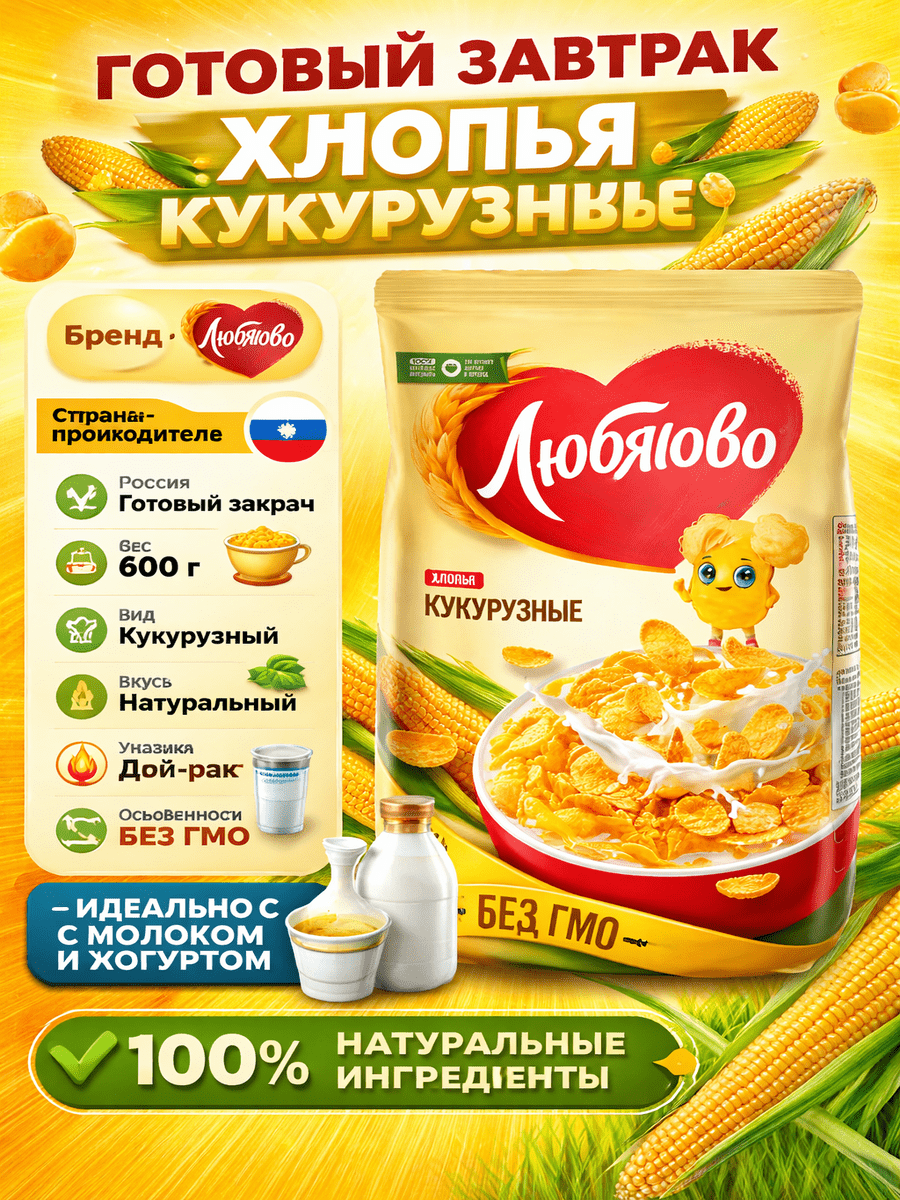 Готовый завтрак Любятово Хлопья кукурузные, 600г