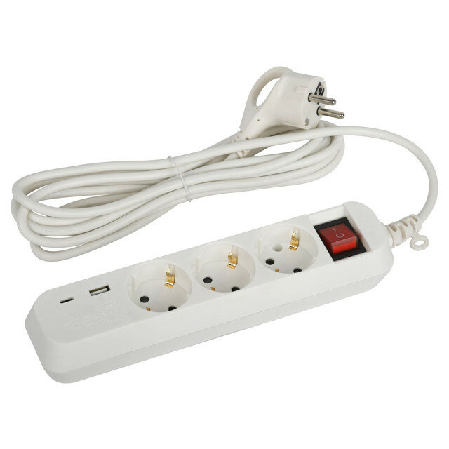 Удлинитель с USB ЭРА 3м 3-местный с/з 3x0,75мм2 10А с выключателем белый, 2200Вт, IP20, 10А, Китай
