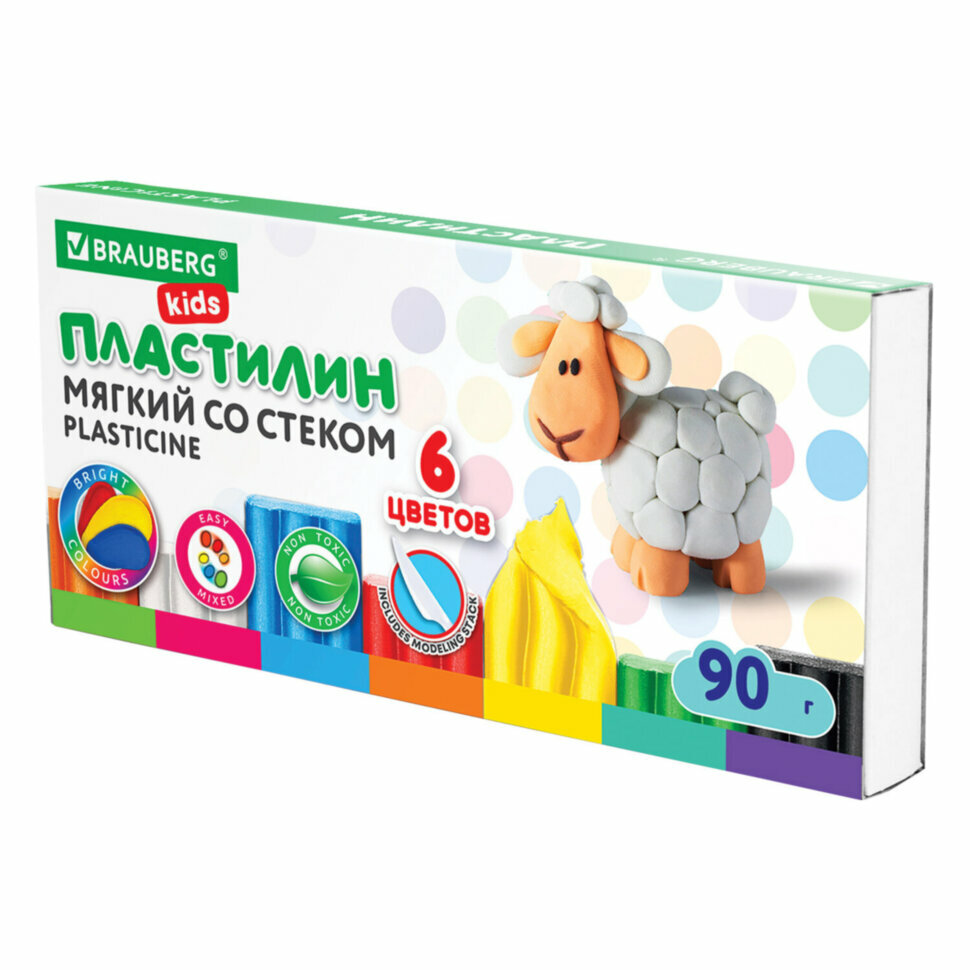 Пластилин мягкий восковой BRAUBERG KIDS, 6 цветов, 90 г, со стеком, 106493, 106493