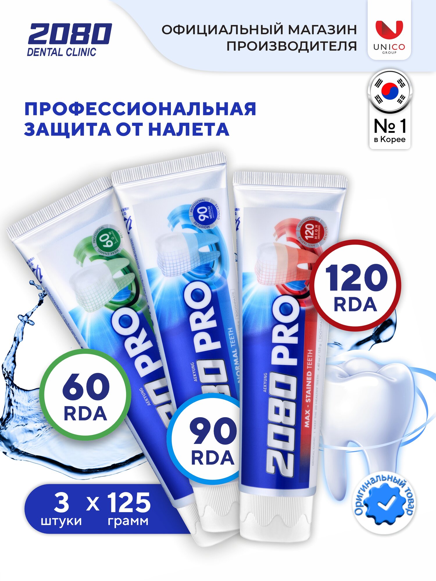 Dental Clinic 2080 Pro Набор Профессиональных Корейских Зубных паст, защита от налёта и зубного камня, 3 шт. х 125 г, три уровня абразивности, Корея
