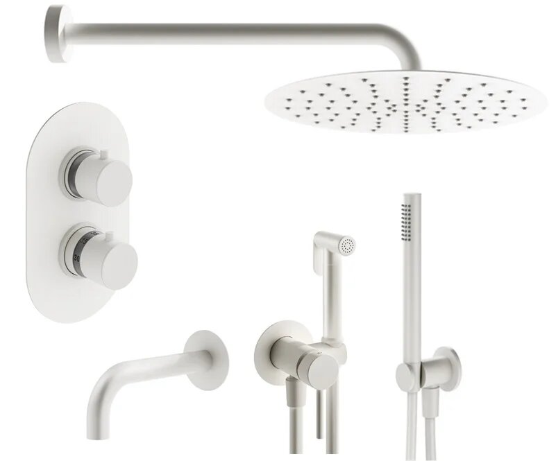 Комплект для ванной Plumberia Selection Ixo KITZXOT19BO60 6 в 1, встраиваемый, с внутренней частью в комплекте, со смесителем, с изливом, с тропическим душем, латунный, белый, матовый, душевая система