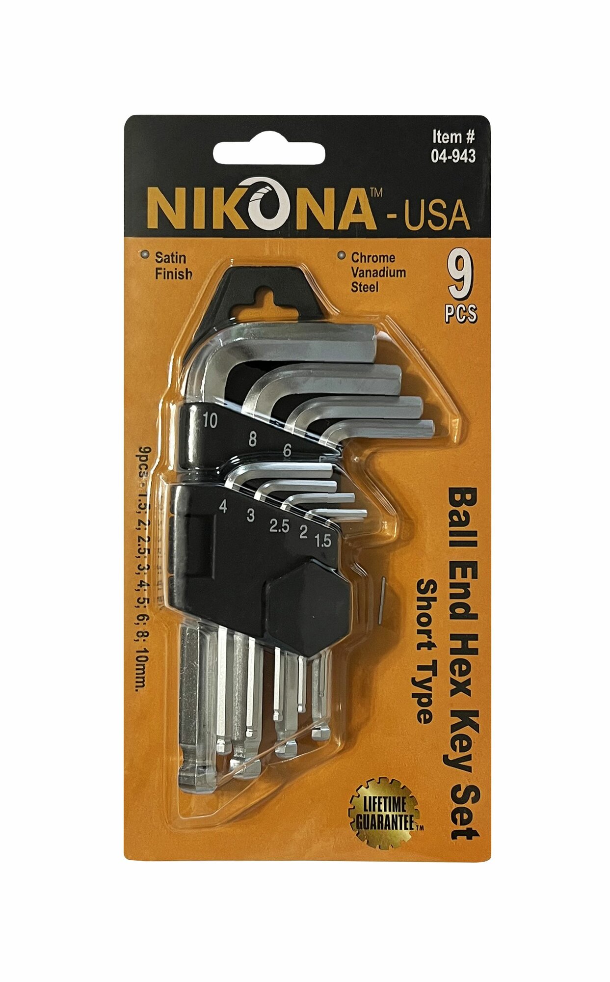 Набор шестигранных ключей коротких NIKONA с шаровым окончанием 9шт (1,5-10мм) 04-943