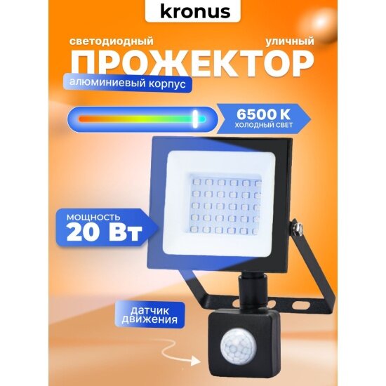 Светодиодный прожектор Kronus 20 Вт 6500K IP44 220V с датчиком движения холодный свет черный корпус