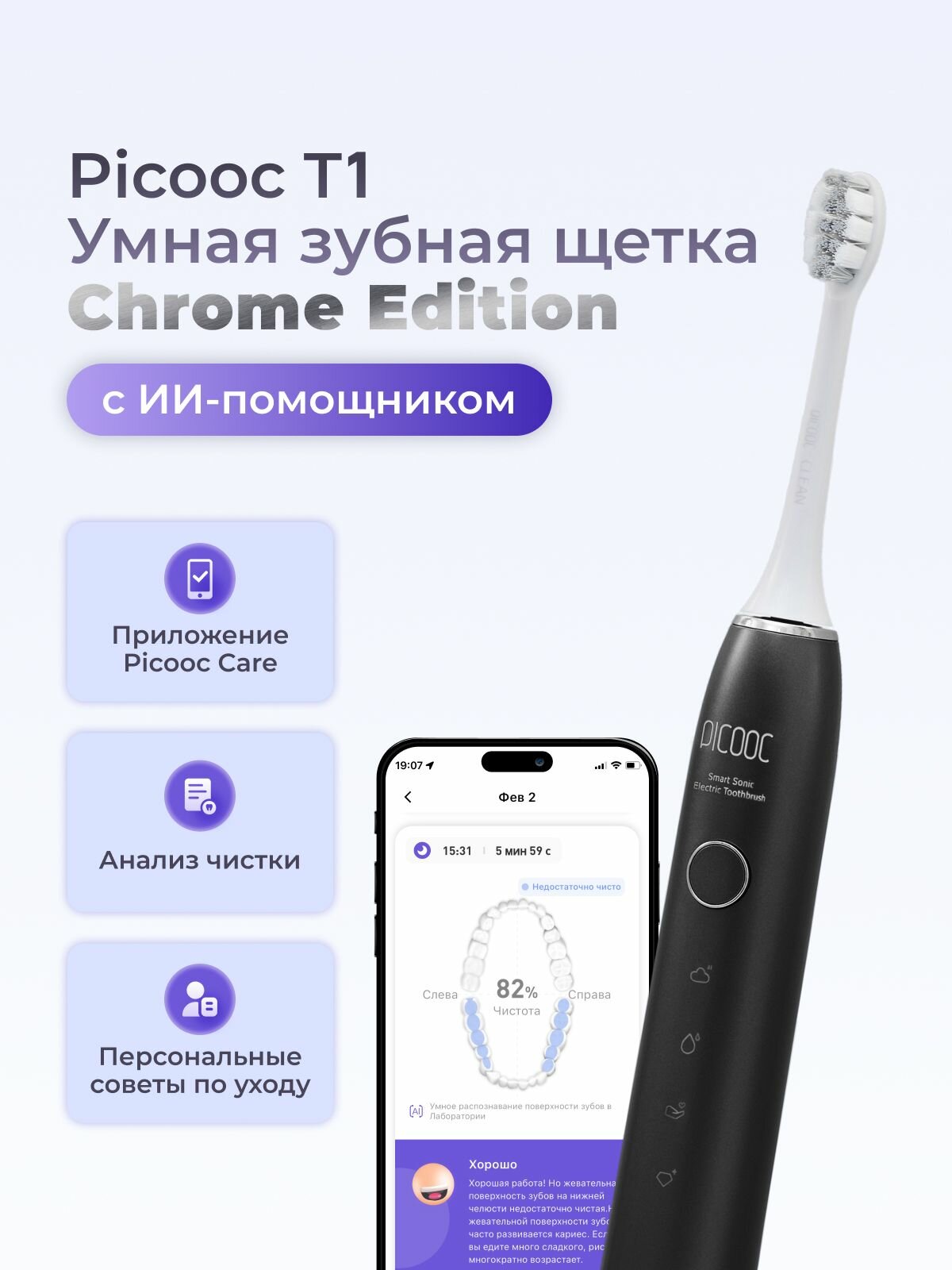 Умная звуковая зубная щетка Picooc T1 Chrome Edition