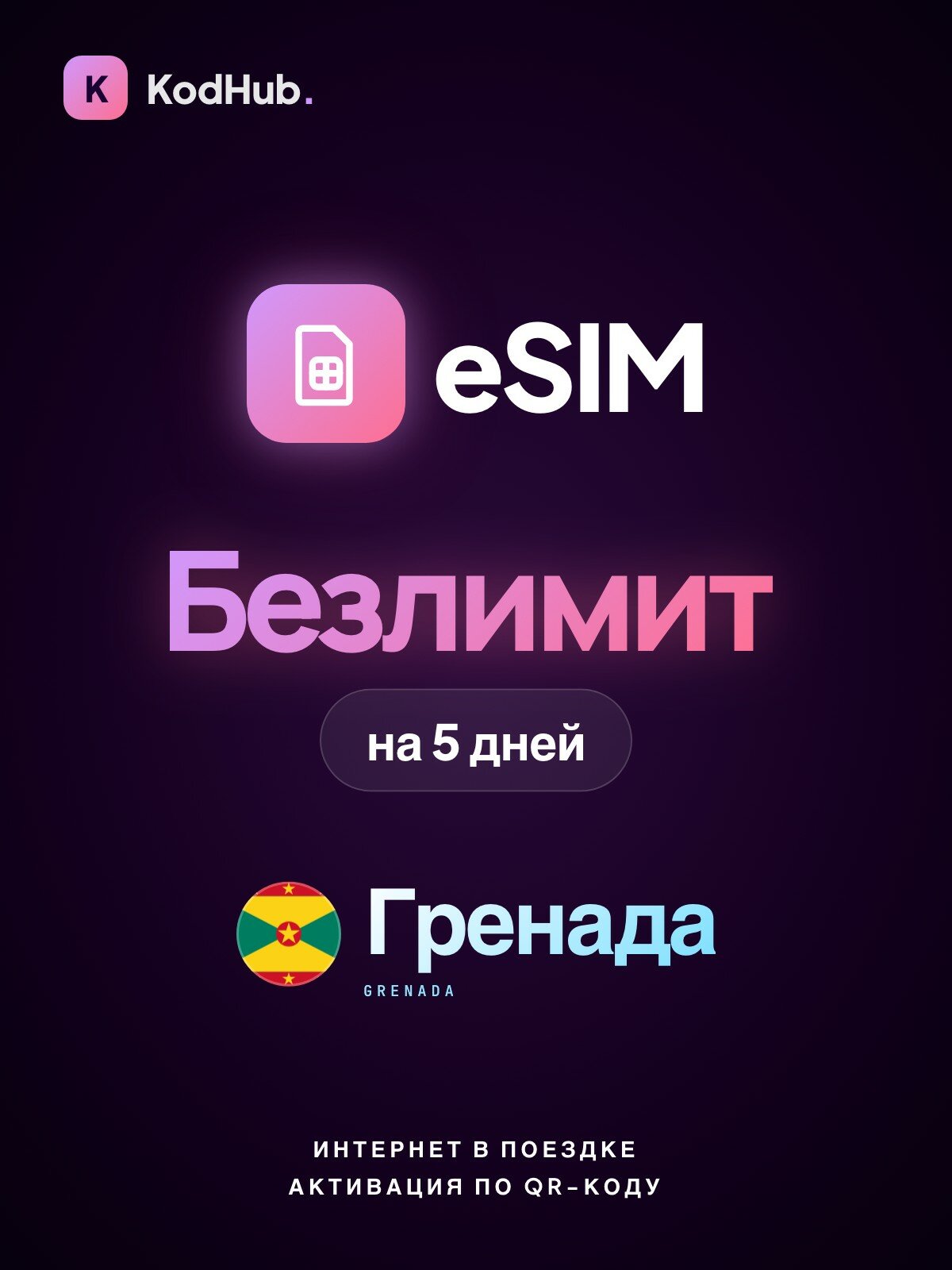 Туристическая eSIM Гренада безлимит на 5 дней | интернет в поездке, связь за границей | QR-код активации
