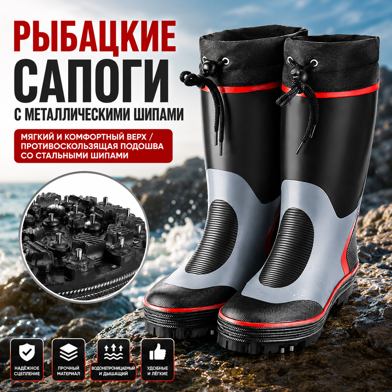 Сапоги, резиновые, с шипами, рыболовные, всесезон, 2L, черные/красные
