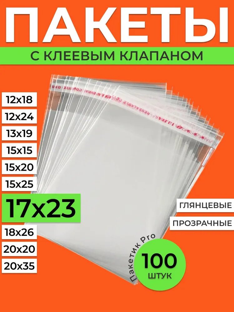 17х23 см упаковочные, фасовочные пакеты бопп с клеевым клапаном, 100 шт, Пакетик Pro