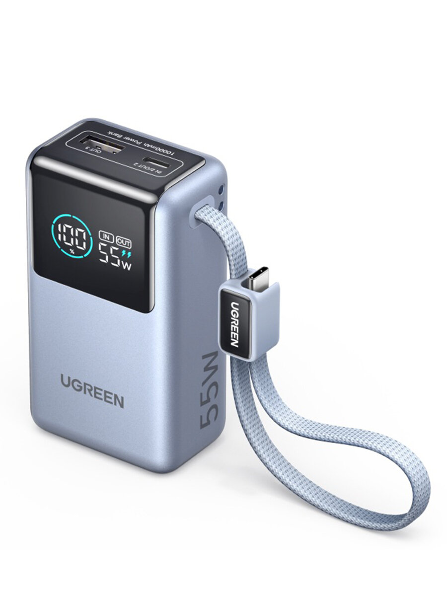 Ugreen PB727 (75701B) 10000 mah Внешний аккумулятор, темно-серый, Fast Charging USB-C USB-A 55W о встроенным кабелем USB-C