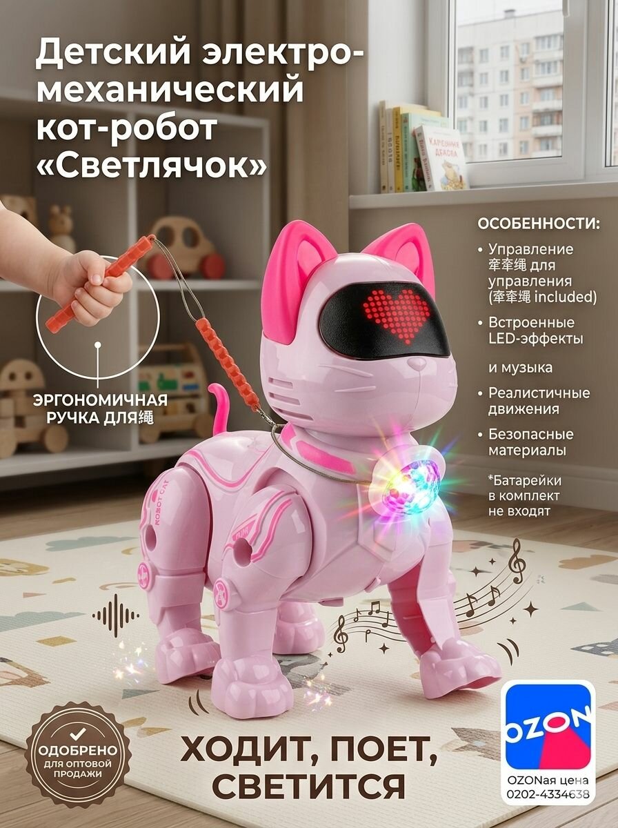 Электронная игрушка кошка на поводке для детей ходит и поет ходит поет детская