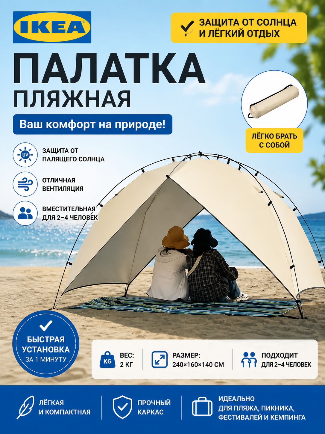 Пляжная палатка IKEA 240х160х140 см, на 2-4 человека, легкая 2 кг