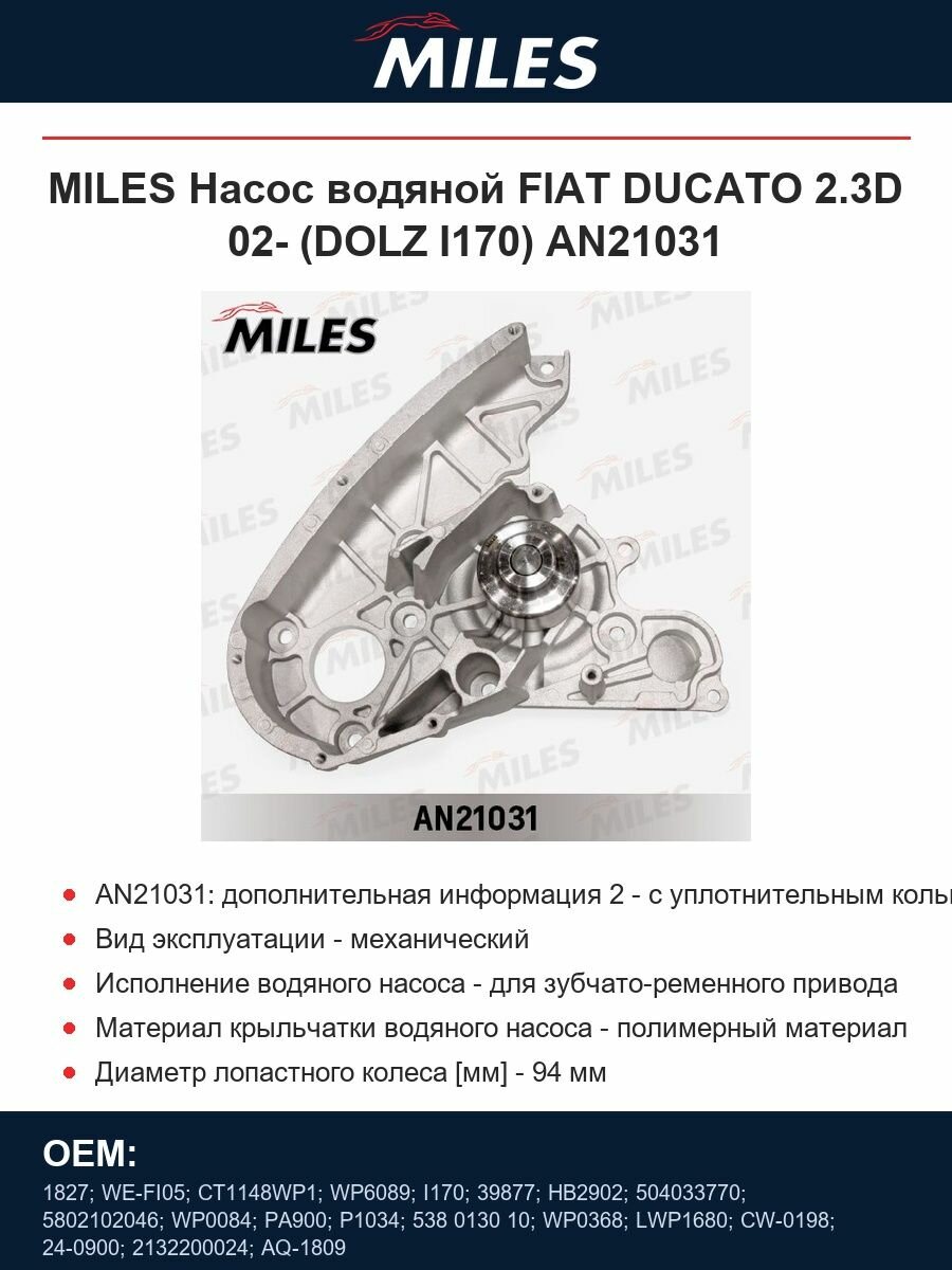 MILES Насос водяной FIAT DUCATO 2.3D 02- (DOLZ I170) AN21031