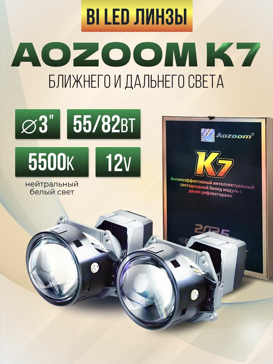 Светодиодные би лед линзы в фары Aozoom K7 комплект 2 шт 3 дюйма 5500К