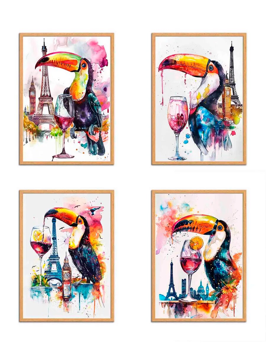 Птица тукан Пьет Вино, 4 Плаката, 30x21см