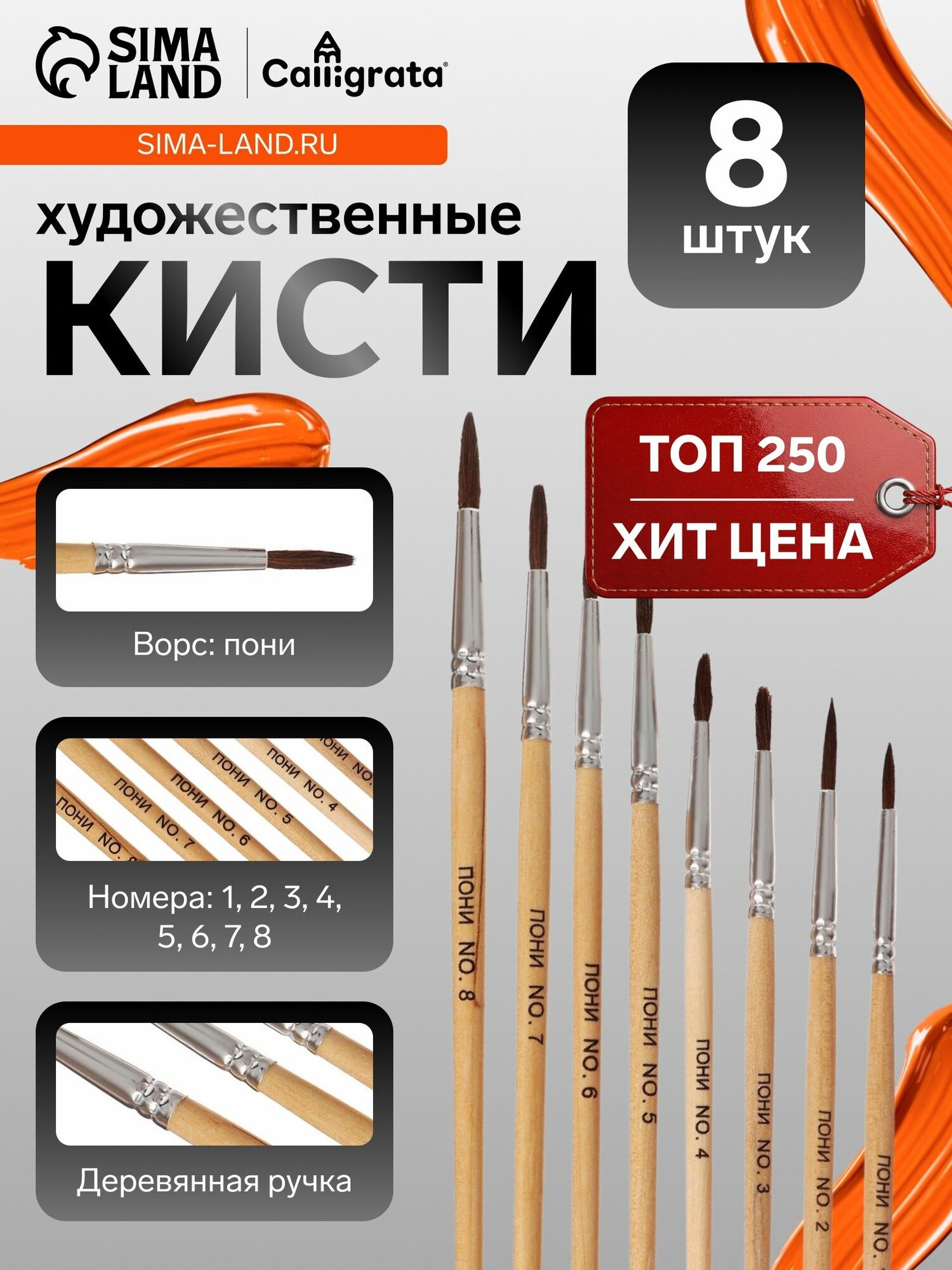 Набор кистей для рисования Calligrata, пони, круглые, № 1-8, 8 шт, художественные, с деревянными ручками