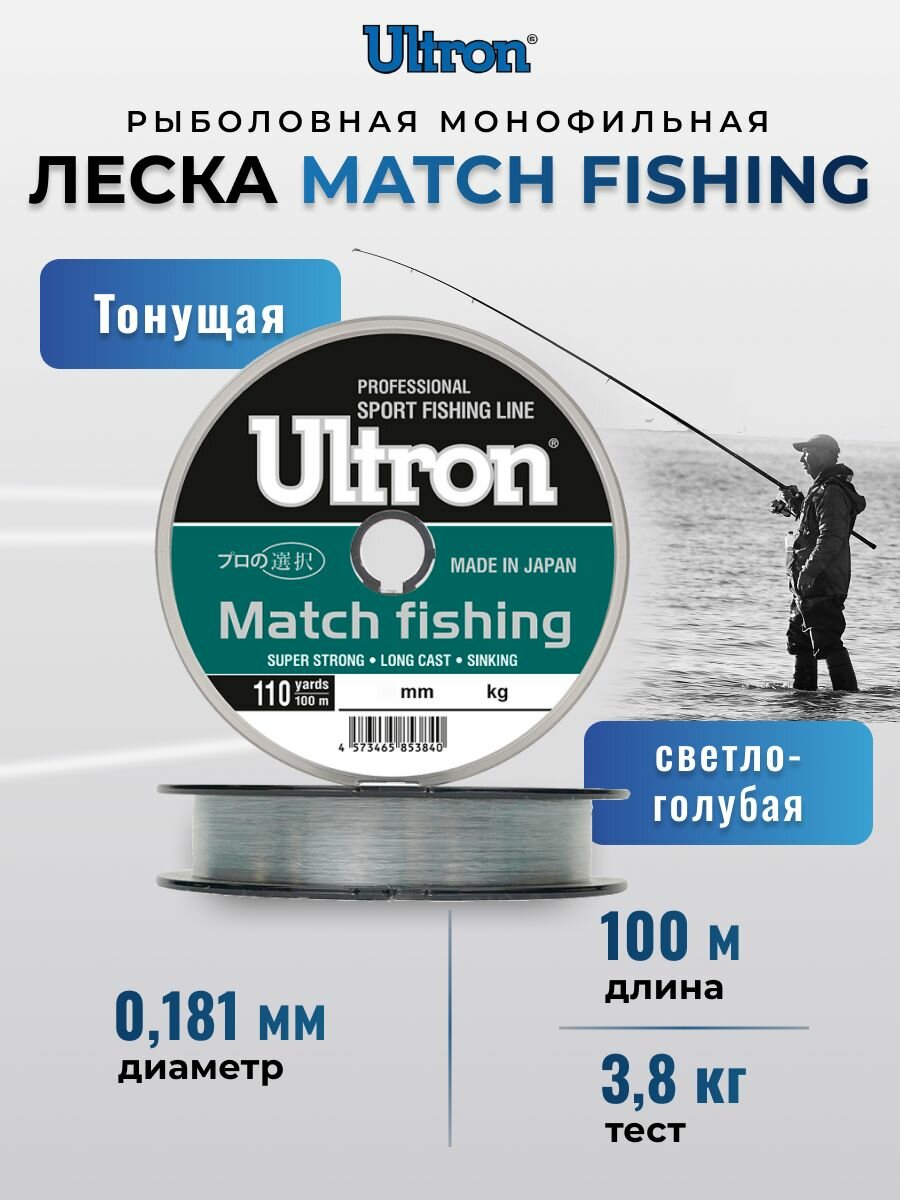 Тонущая леска для матча ULTRON Match Fishing 0,181 мм, 3,8 кг, 100 м, Мягкая Монофильная Для рыбалки Летняя / светло-голубая 1 шт