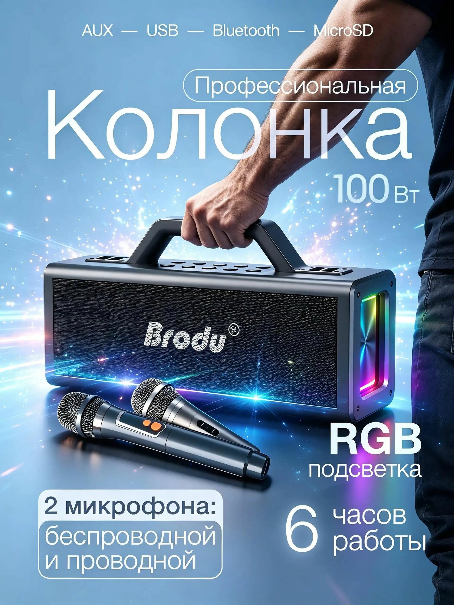 Колонка блютуз беспроводная портативная музыкальная большая с двумя микрофонами 100Вт, partybox, 4 динамика, RGB подсветка, USB MicroSD AUX-yw