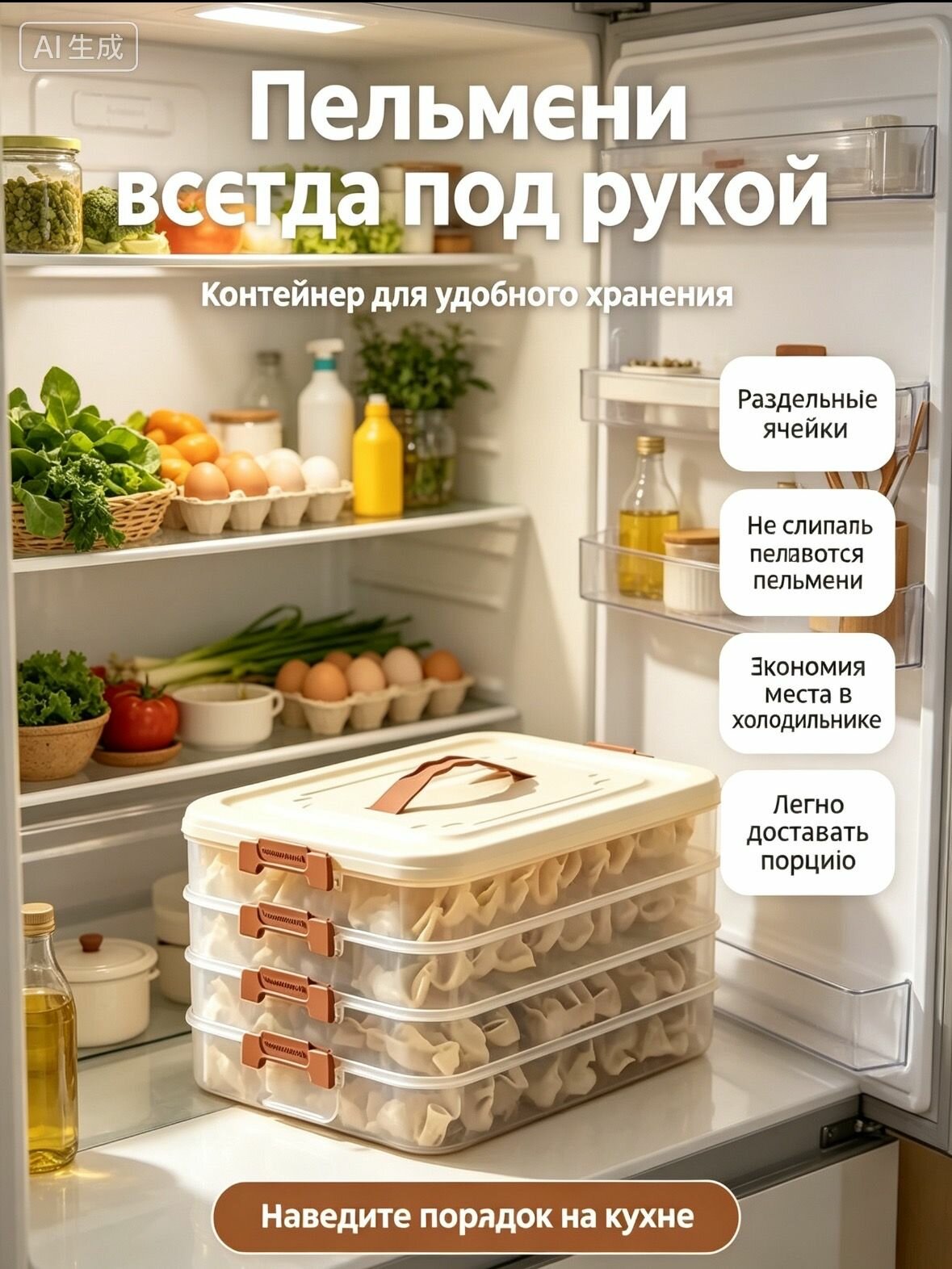 Многоярусный контейнер для пельменей, лоток для заморозки, пищевой бокс для холодильника с ручкой
