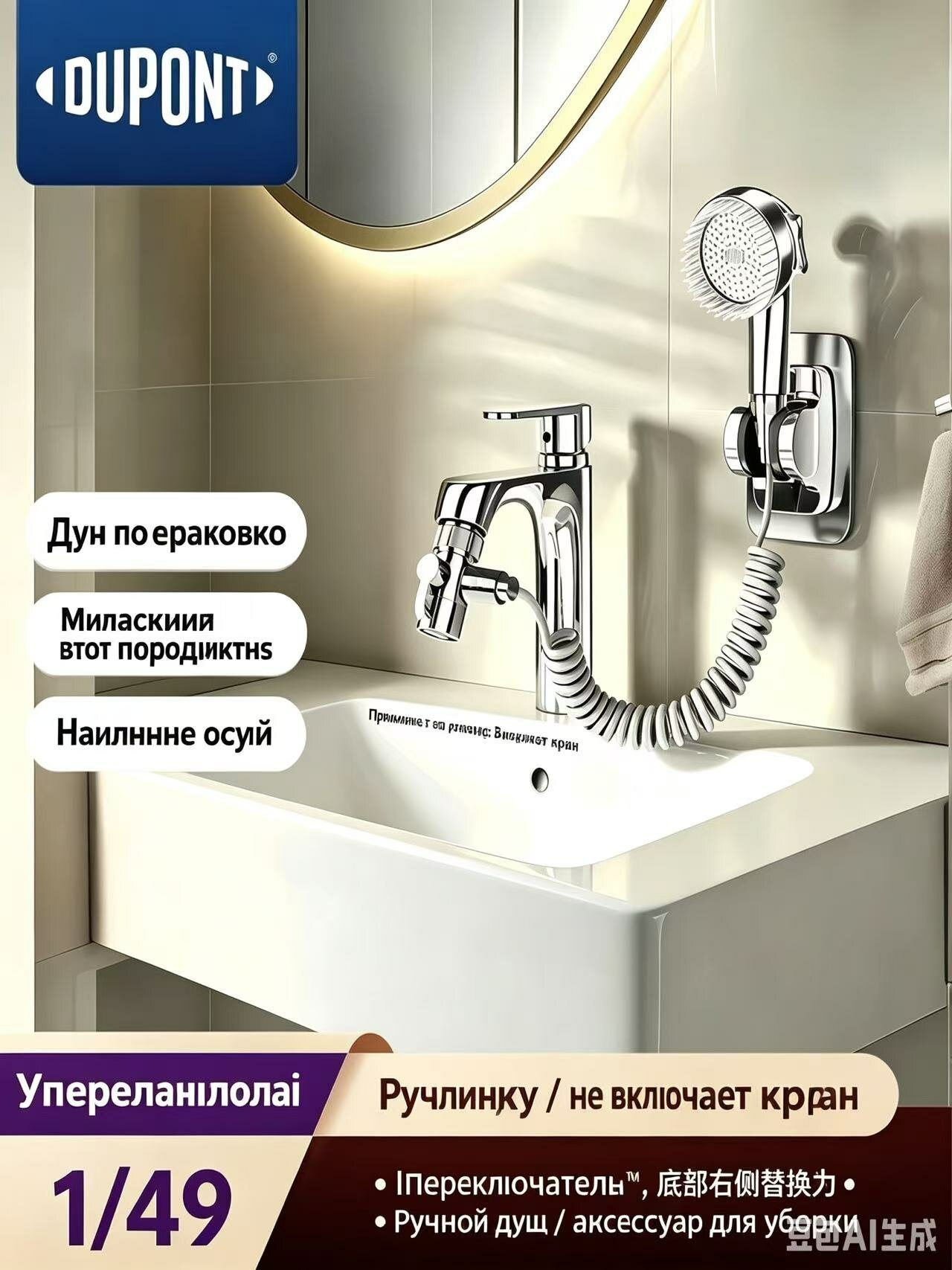 （Dupont）Лейка‑душ для умывальника Dupont, набор для мытья волос, массажная насадка, шланг‑пружина