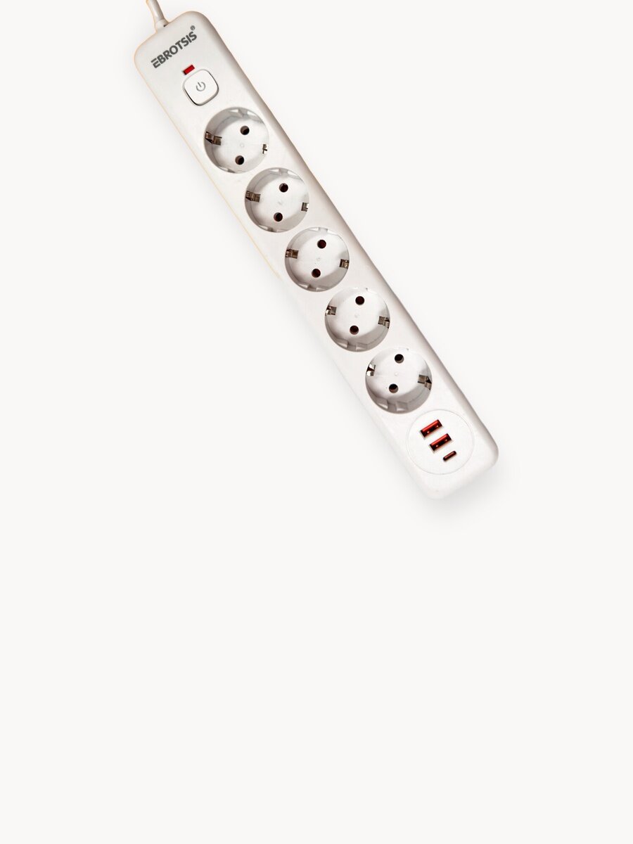 Удлинитель, сетевой фильтр, 5 м, 5 розеток, 2 USB и Type-C порты, белый