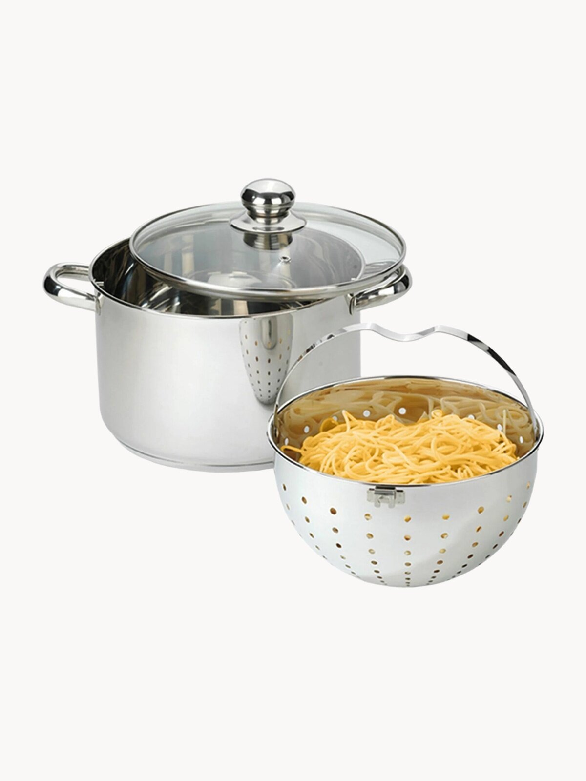 Кастрюля из нержавеющей стали BEYOND 24 см, со стеклянной крышкой и съемной ситовой вставкой