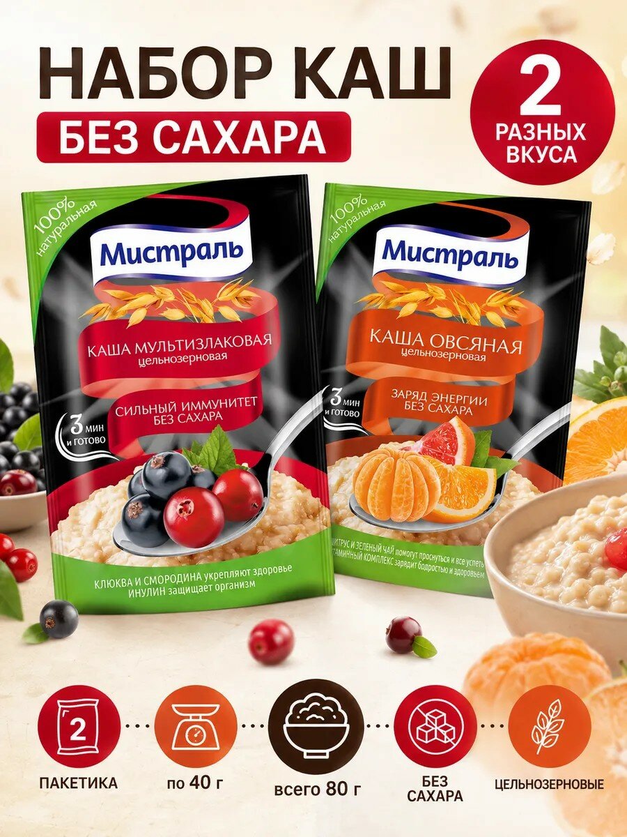Каша Мистраль без сахара 2 вкуса: иммунитет + энергия