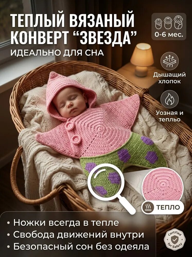 Вязаный детский комбинезон-звездочка для новорожденных 0-6 месяцев, мягкий и теплый, с капюшоном — фото 1