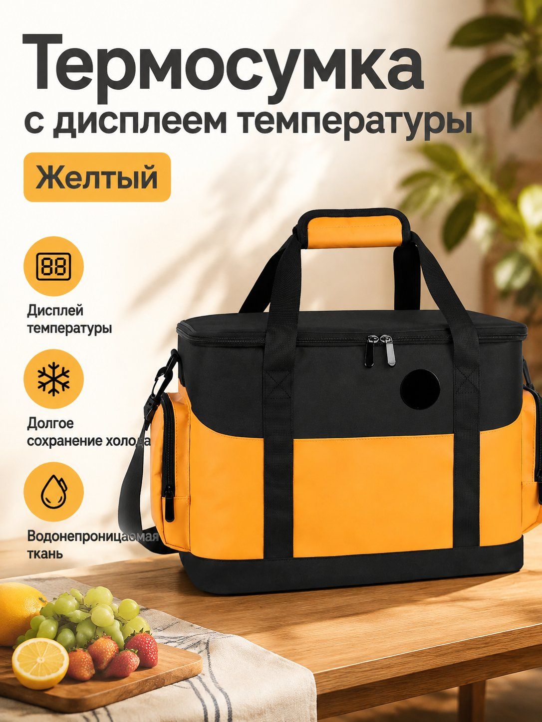Термосумка с дисплеем температуры, универсальный размер, желтый, нейлоновая ткань Oxford с алюминиевой фольгой