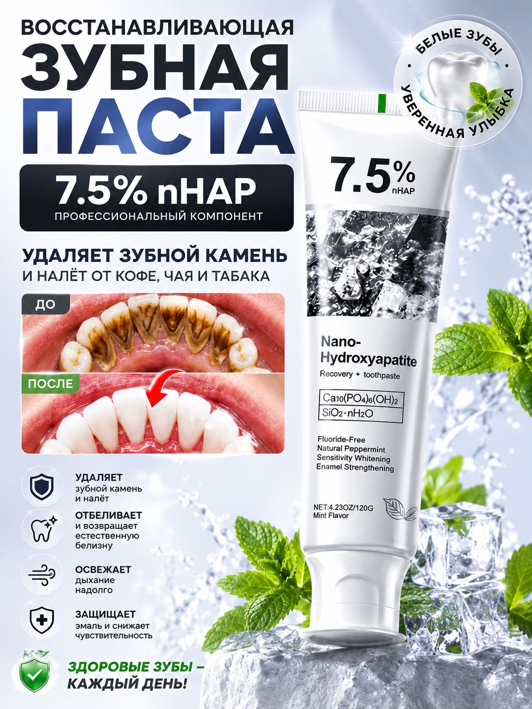 Отбеливающая зубная паста без фтора с нано-гидроксиапатитом 7.5% (nHAP), для чувствительных зубов и восстановления эмали, от налета табака и кофе, 120 г
