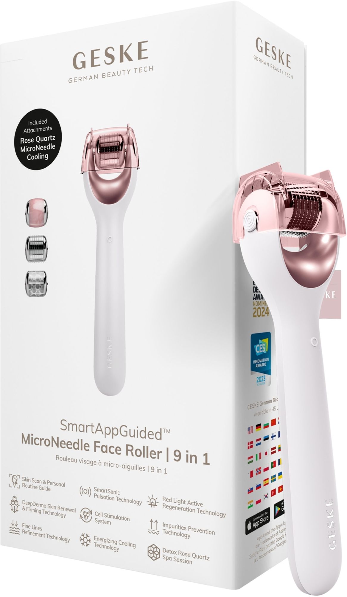 Geske Микроигольчатый роликовый массажер для лица 9 в 1 Microneedle facial roller massager 9 in 1 цвет: белый, розовый, золотой
