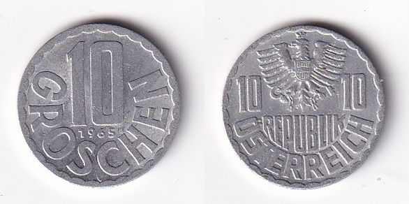 Австрия 10 грошей 1965 год